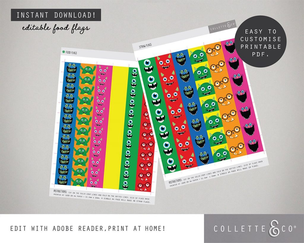 Printable Monster Party Food Flags Straw Flags - Editable | Collette & Co®
