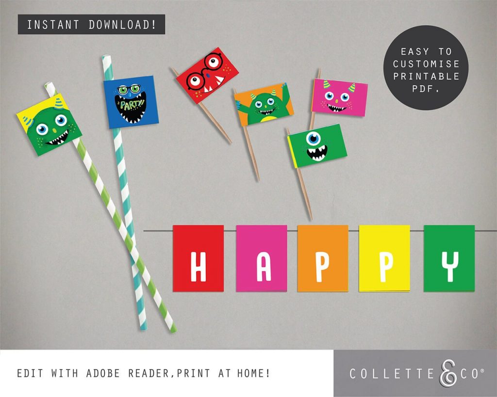 Printable Monster Party Food Flags Straw Flags - Editable | Collette & Co®